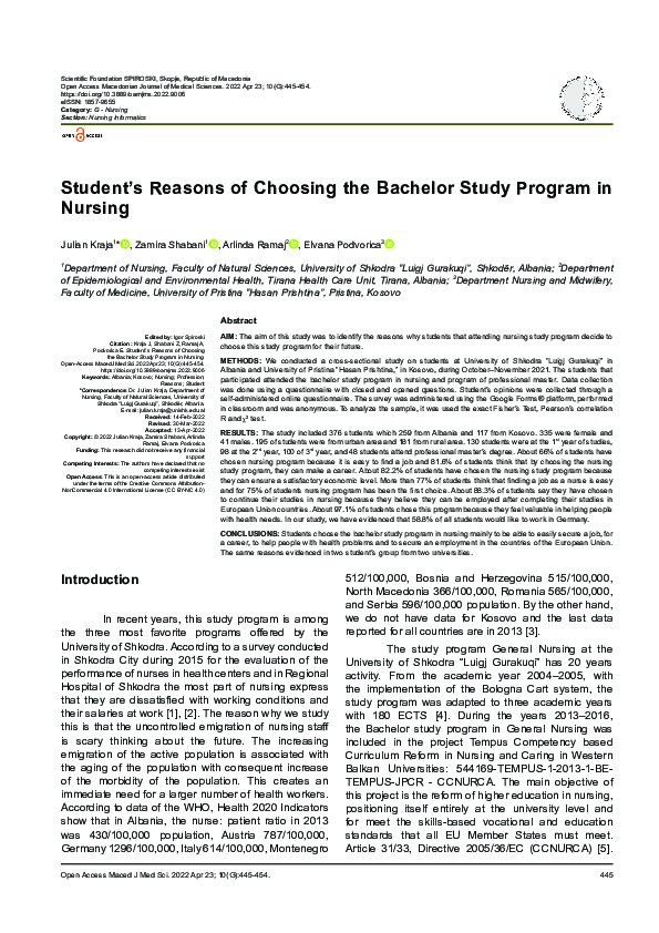 (PDF) Student’s Reasons of Choosing the Bachelor Study Program in Nursing