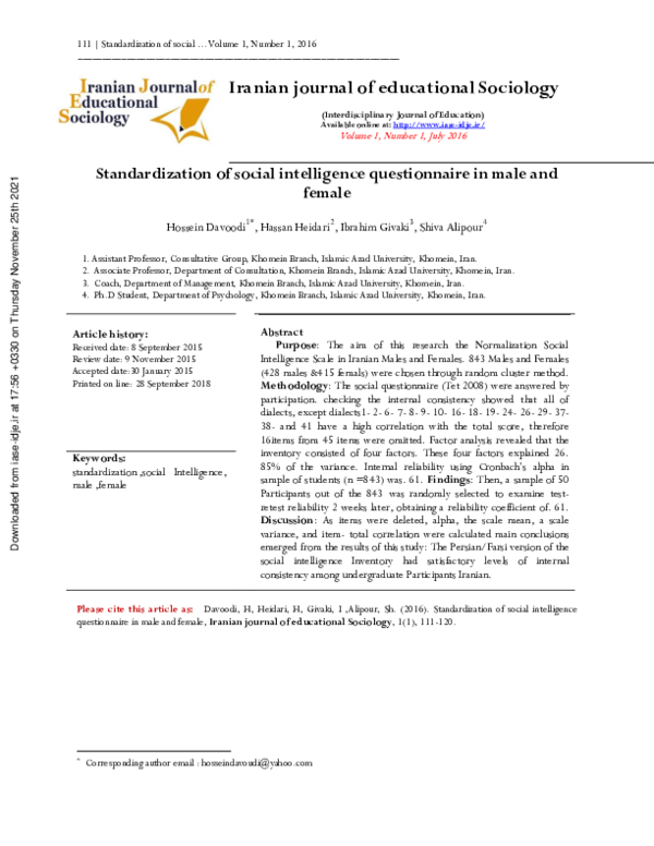 (PDF) Standardization of social intelligence questionnaire in male and ...