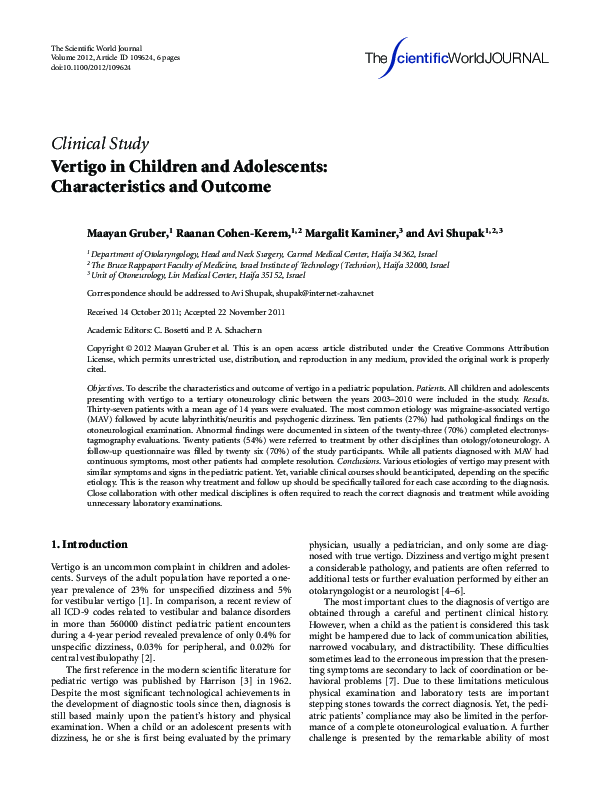 (PDF) Vertigo in Children and Adolescents: Characteristics and Outcome