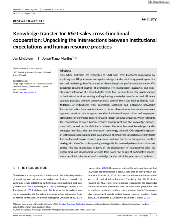 (PDF) Knowledge transfer for R&D-sales cross-functional cooperation ...