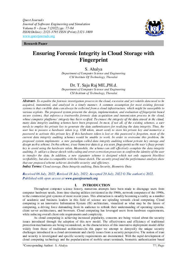 (PDF) Ensuring Forensic Integrity in Cloud Storage with Fingerprint
