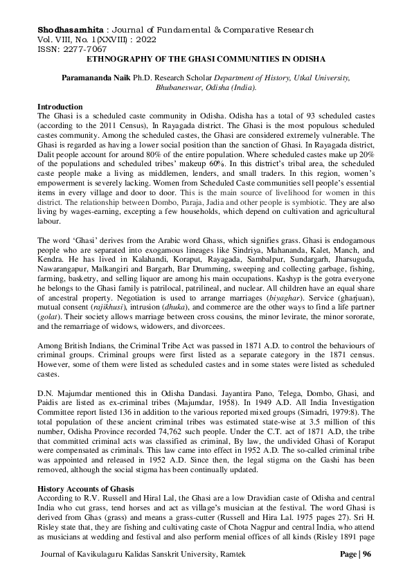 (PDF) ETHNOGRAPHY OF THE GHASI COMMUNITIES IN ODISHA
