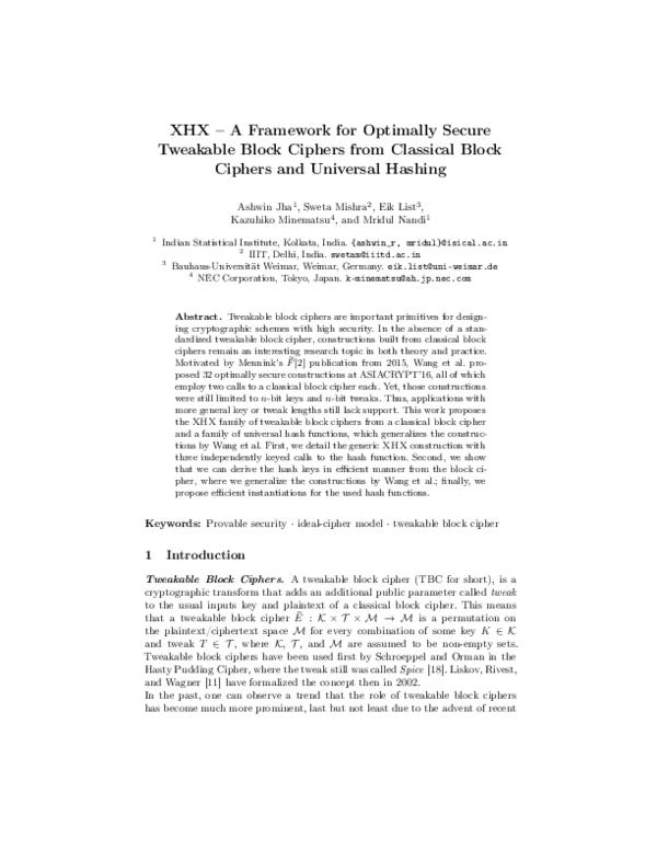 (PDF) XHX – A Framework for Optimally Secure Tweakable Block Ciphers from Classical Block ...