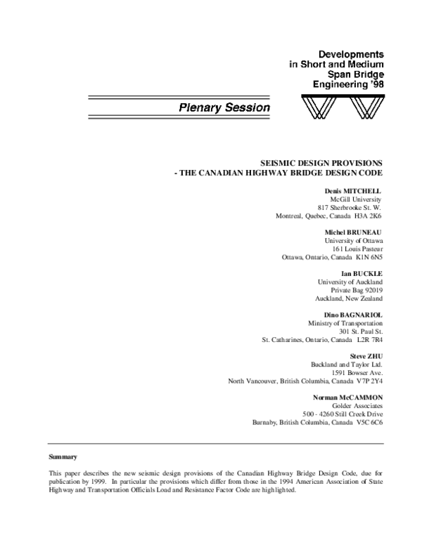 (PDF) Seismic Design Provisions - the Canadian Highway Bridge Design Code