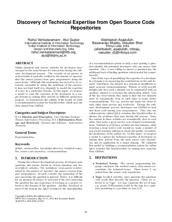 (PDF) Discovery of technical expertise from open source code repositories