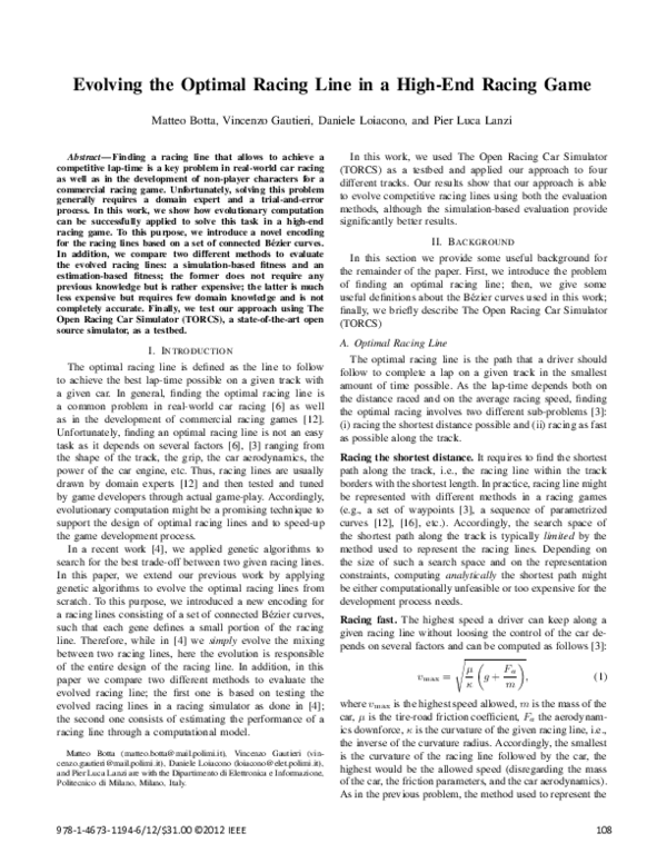 (PDF) Evolving the optimal racing line in a high-end racing game