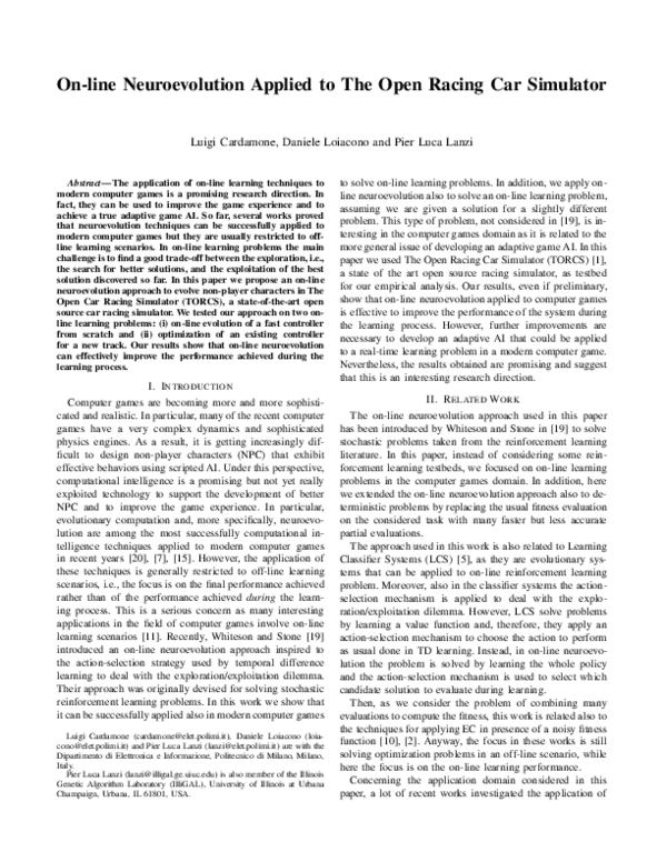 (PDF) On-line neuroevolution applied to The Open Racing Car Simulator | Pier Luca Lanzi ...