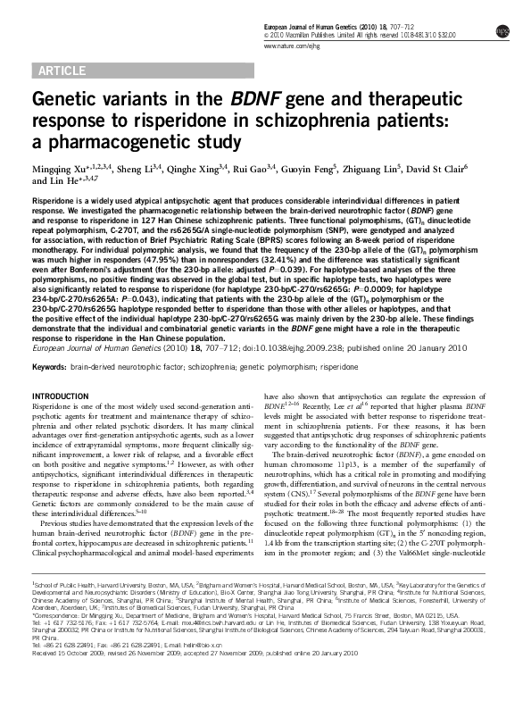 (PDF) Genetic variants in the BDNF gene and therapeutic response to risperidone in schizophrenia ...