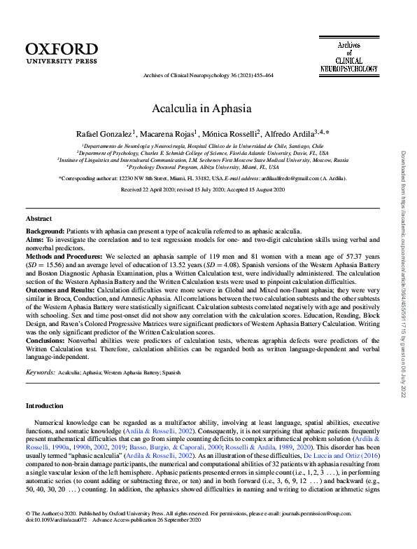 (PDF) Acalculia in Aphasia