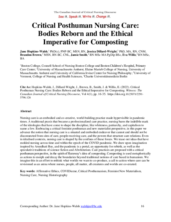 (PDF) Critical Posthuman Nursing Care: Bodies Reborn and the Ethical ...