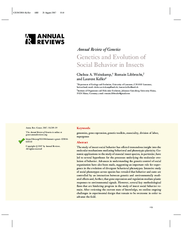 (PDF) Genetics and Evolution of Social Behavior in Insects