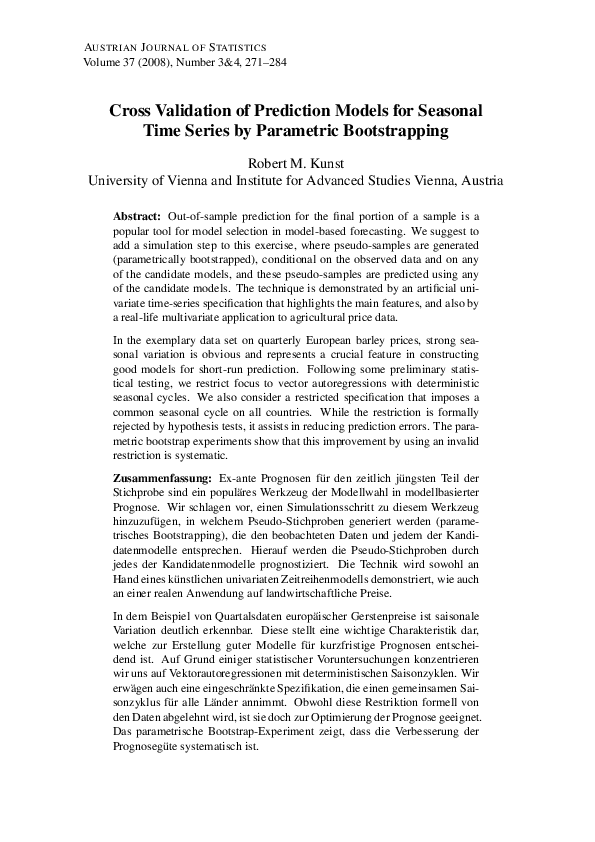 (PDF) Cross Validation of Prediction Models for Seasonal Time Series by Parametric Bootstrapping