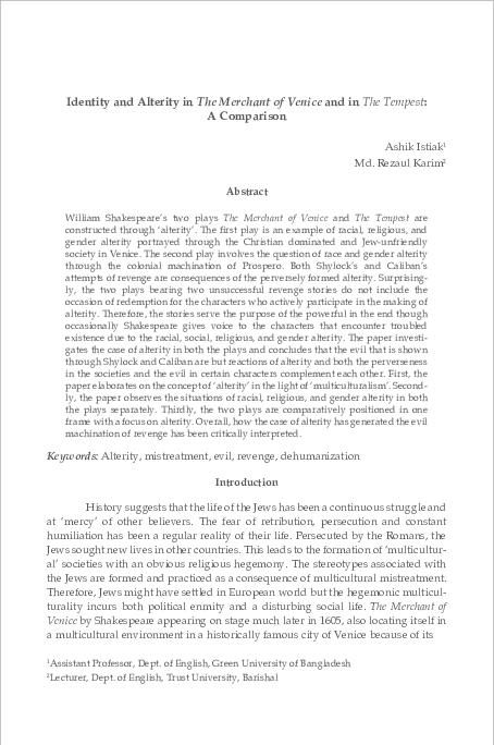 (PDF) Identity and Alterity in The Merchant of Venice and in The Tempest: A Comparison