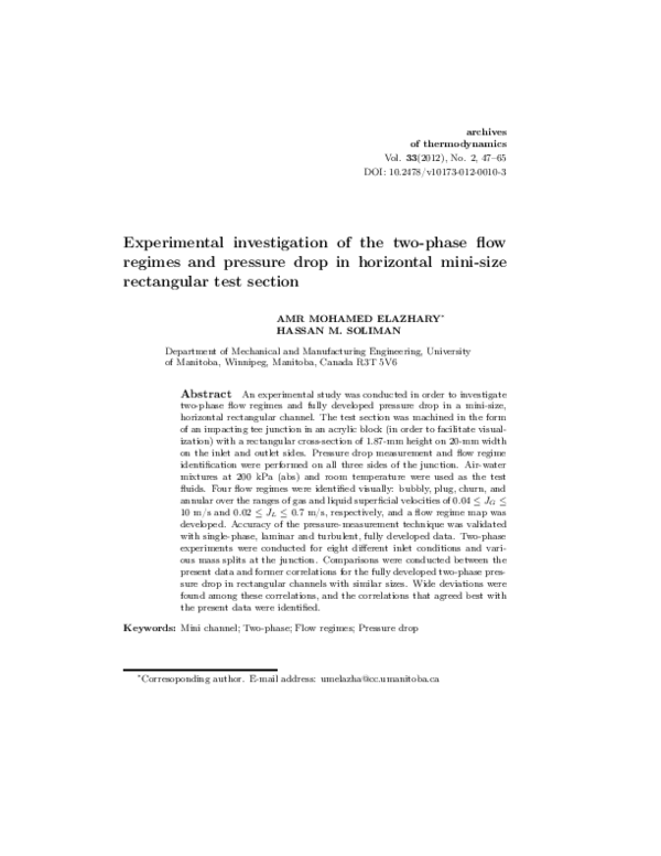 (PDF) Experimental investigation of the two-phase flow regimes and pressure drop in horizontal ...