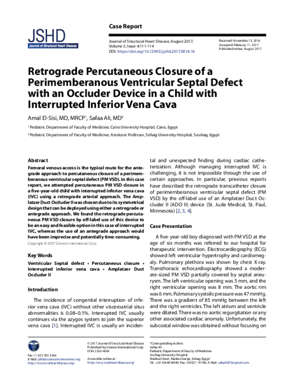 (PDF) Retrograde Percutaneous Closure of a Perimemberanous Ventricular ...