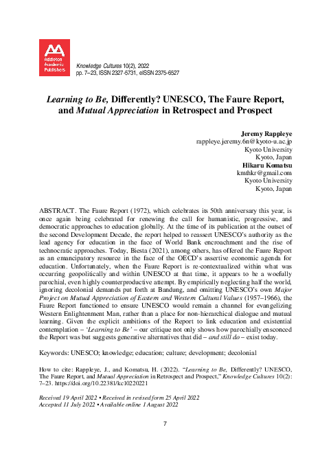 (PDF) Learning to Be, Differently? UNESCO, The Faure Report, and Mutual ...