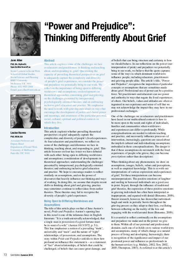 (PDF) ‘Power and prejudice’: Thinking differently about grief | annie ...