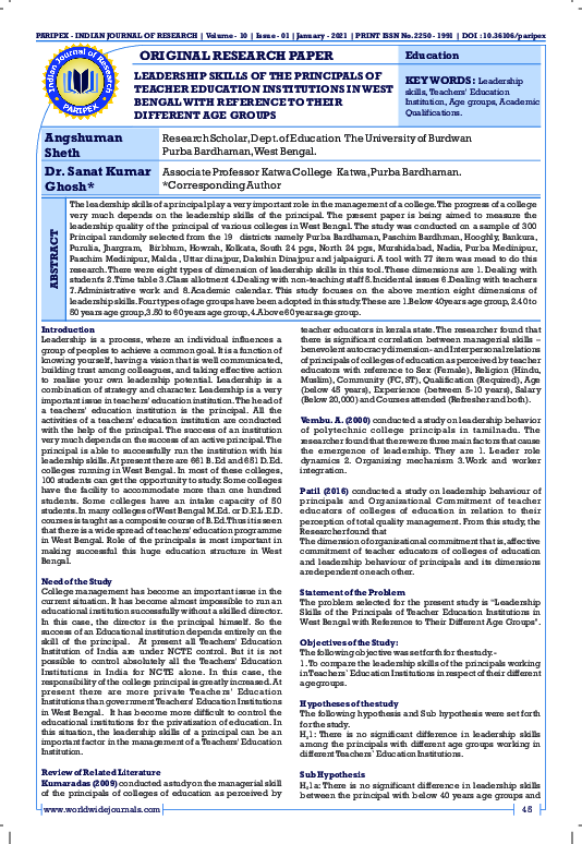 (PDF) Leadership Skills of the Principals of Teacher Education Institutions in West Bengal with ...