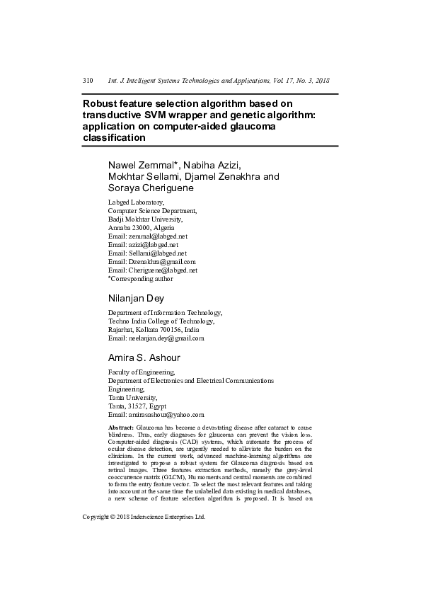 (PDF) Robust feature selection algorithm based on transductive SVM wrapper and genetic algorithm ...