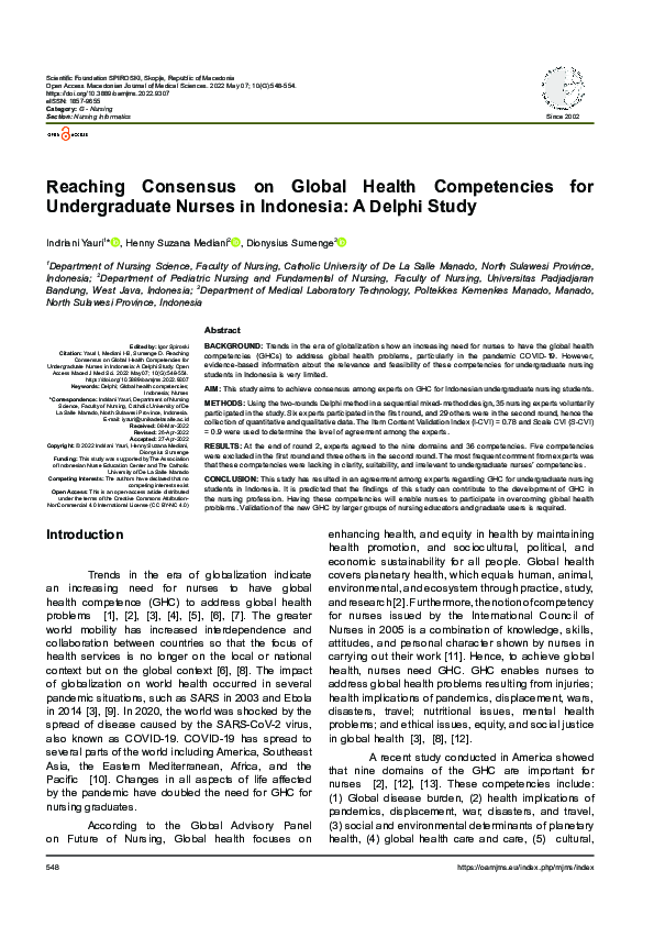(PDF) Reaching Consensus on Global Health Competencies for Undergraduate Nurses in Indonesia: A ...