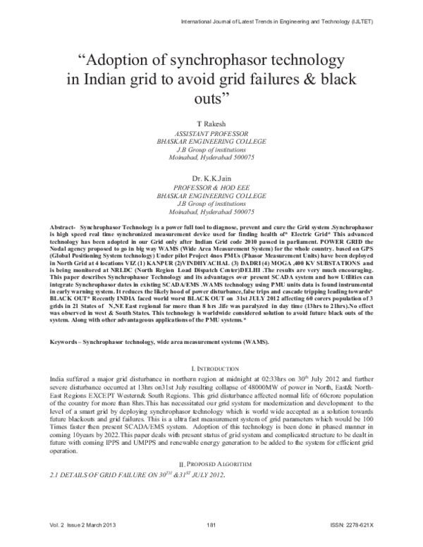 (PDF) Adoption of synchrophasor technology in Indian grid to avoid grid ...