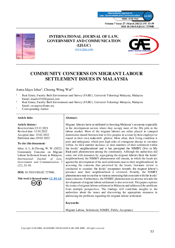 (PDF) Community Concerns on Migrant Labour Settlement Issues in Malaysia