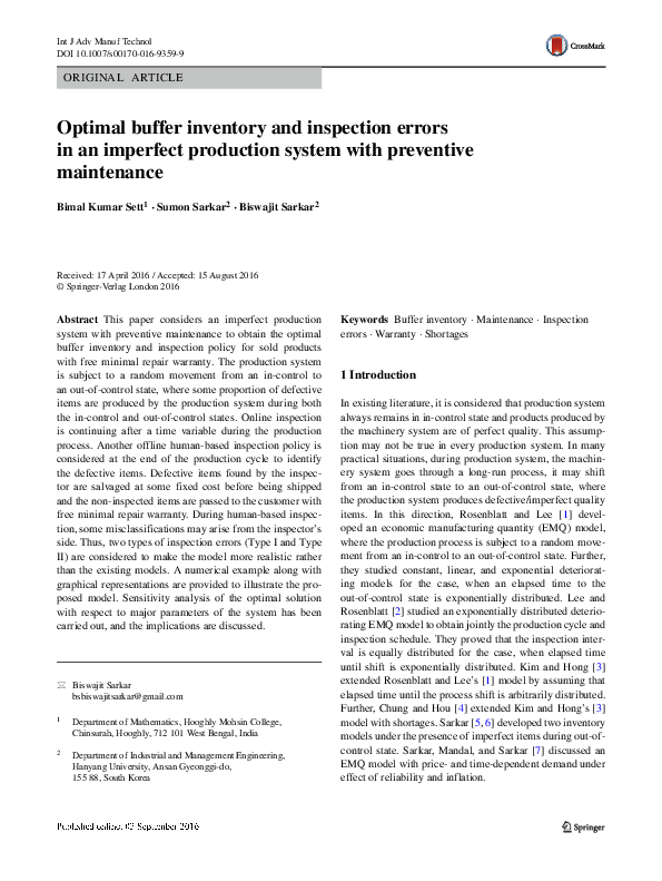 Pdf Optimal Buffer Inventory And Inspection Errors In An Imperfect Production System With