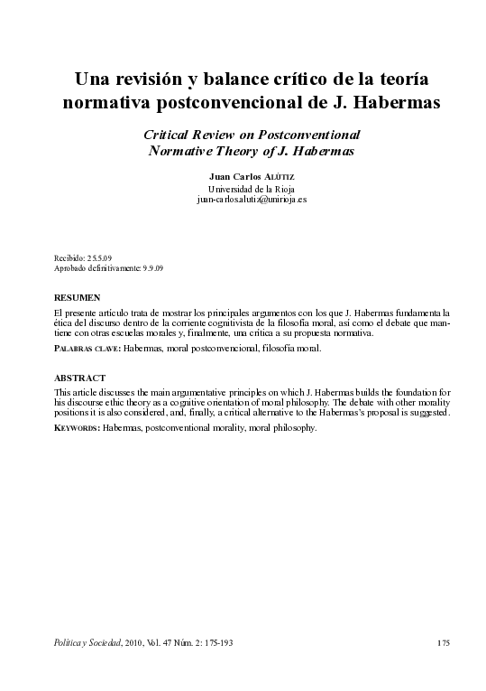 (PDF) Una revisión y balance crítico de la teoría normativa postconvencional de J. Habermas
