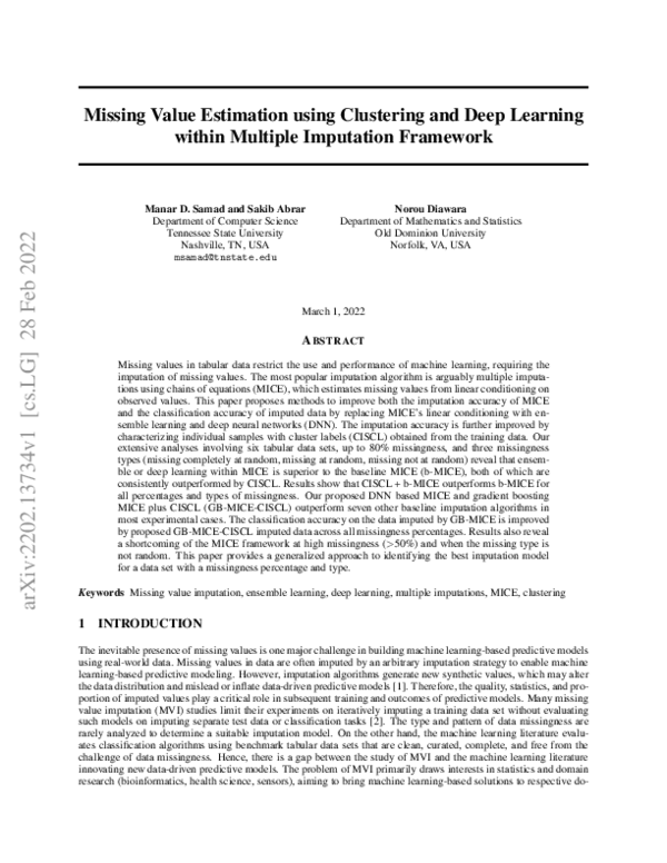 (PDF) Missing value estimation using clustering and deep learning within multiple imputation ...