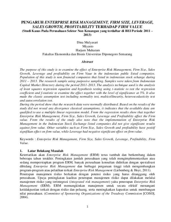 (PDF) PENGARUH ENTERPRISE RISK MANAGEMENT, FIRM SIZE, LEVERAGE, SALES GROWTH, PROFITABILITY ...