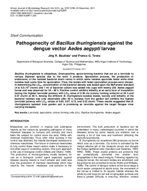 (PDF) Pathogenecity of Bacillus thuringiensis against the dengue vector Aedes aegypti larvae ...