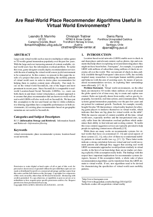 Pdf Are Real World Place Recommender Algorithms Useful In Virtual