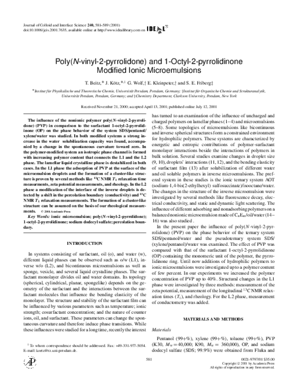 (PDF) Poly(N-vinyl-2-pyrrolidone) and 1-Octyl-2-pyrrolidinone Modified ...