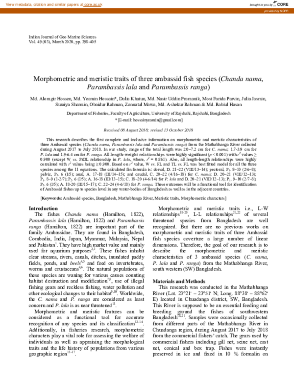 (PDF) Morphometric and meristic traits of three ambassid fish species ...