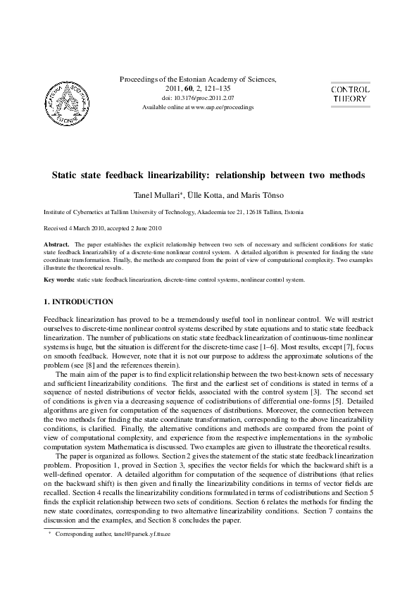 (PDF) Static state feedback linearizability: relationship between two ...