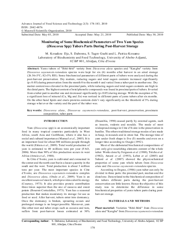 (PDF) Monitoring of Some Biochemical Parameters of Two Yam Species ...