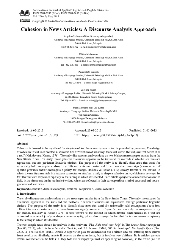 (PDF) Cohesion in News Articles: A Discourse Analysis Approach