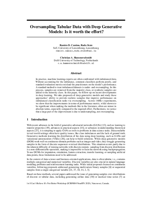 Pdf Oversampling Tabular Data With Deep Generative Models Is It Worth The Effort