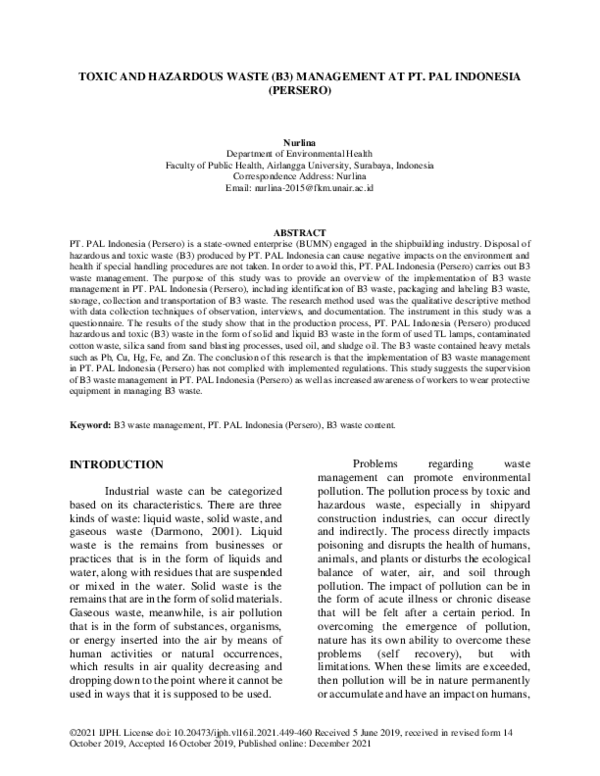 (PDF) Toxic and Hazardous Waste (B3) Management at Pt. Pal Indonesia (Persero)