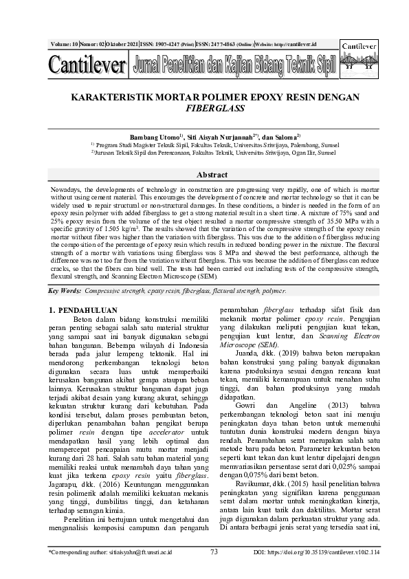 (PDF) Karakteristik Mortar Polimer Epoxy Resin Dengan Fiberglass