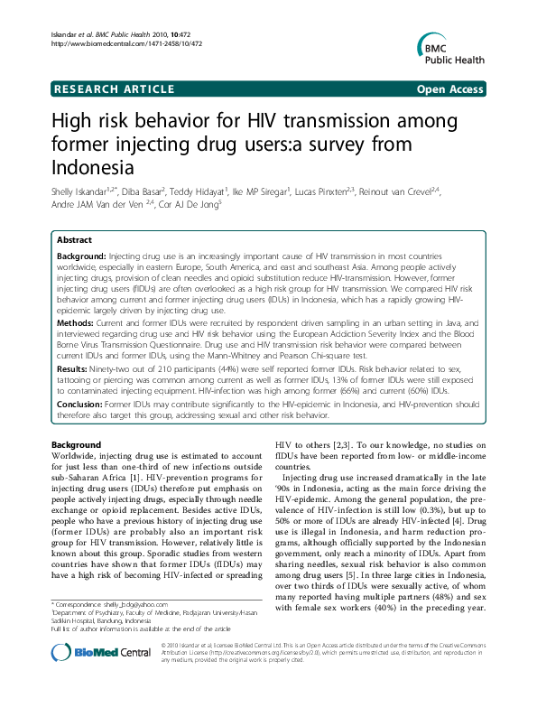 (PDF) High risk behavior for HIV transmission among former injecting ...