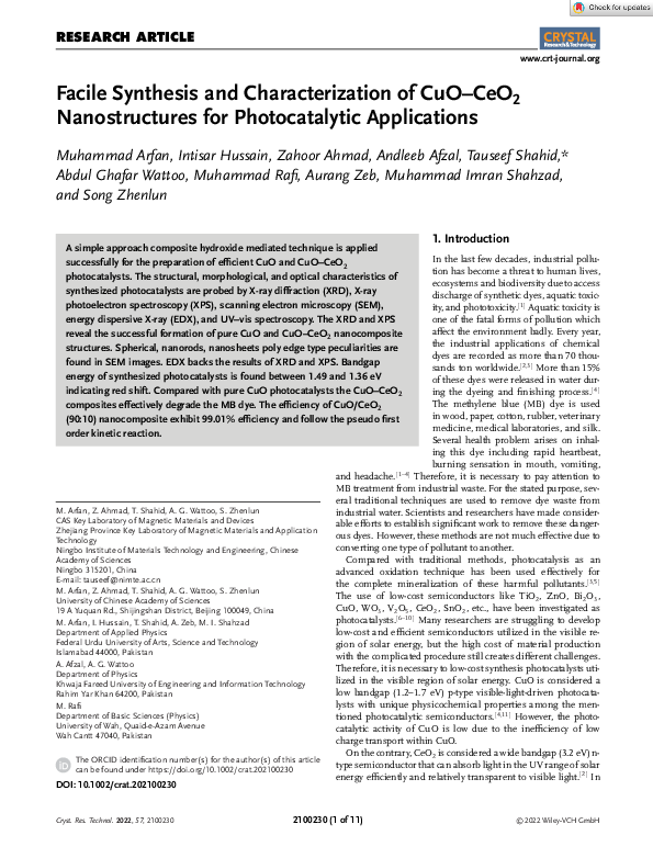 (PDF) Facile Synthesis and Characterization of CuO-CeO 2 Nanostructures for Photocatalytic ...