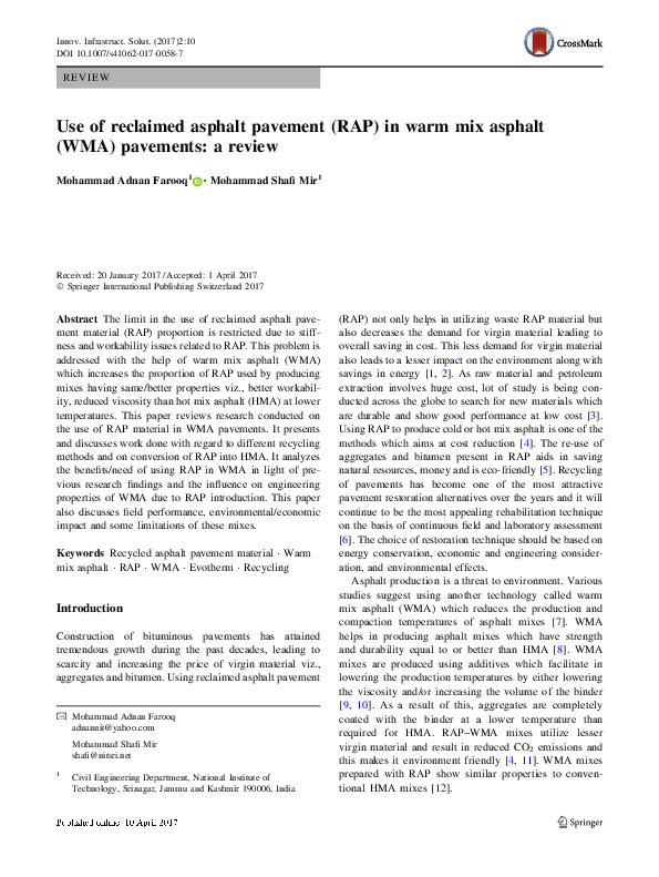 (PDF) Use of reclaimed asphalt pavement (RAP) in warm mix asphalt (WMA) pavements: a review