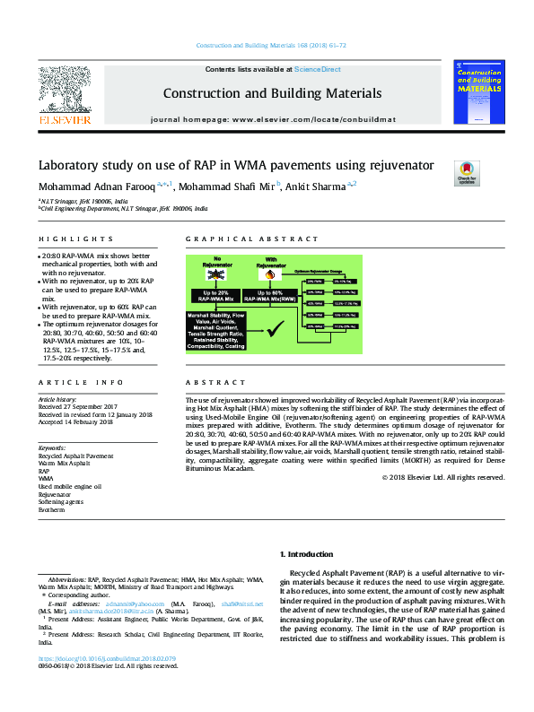 (PDF) Laboratory study on use of RAP in WMA pavements using rejuvenator