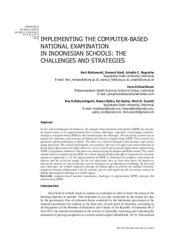 Pdf Implementing The Computer Based National Examination In Indonesian Schools The Challenges