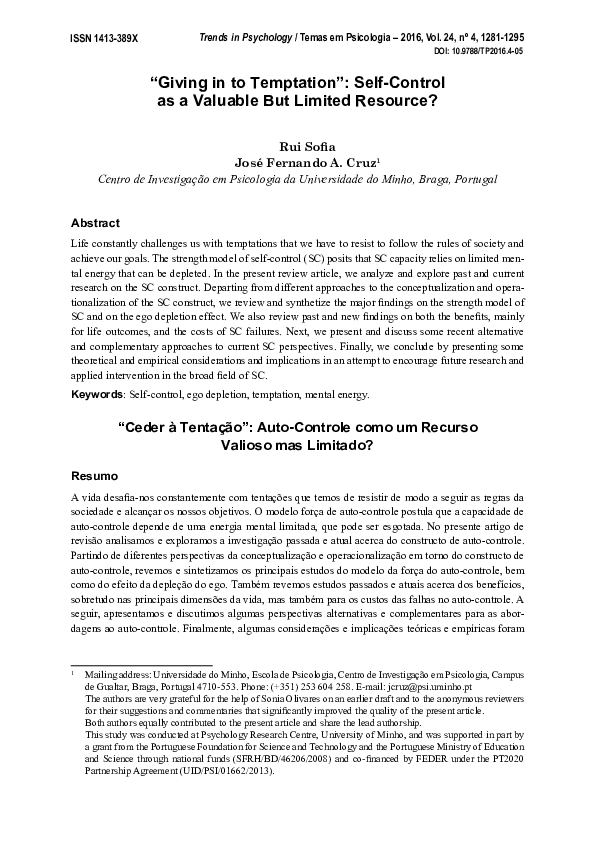 (PDF) Giving in to Temptation”: Self-Control as a Valuable But Limited ...