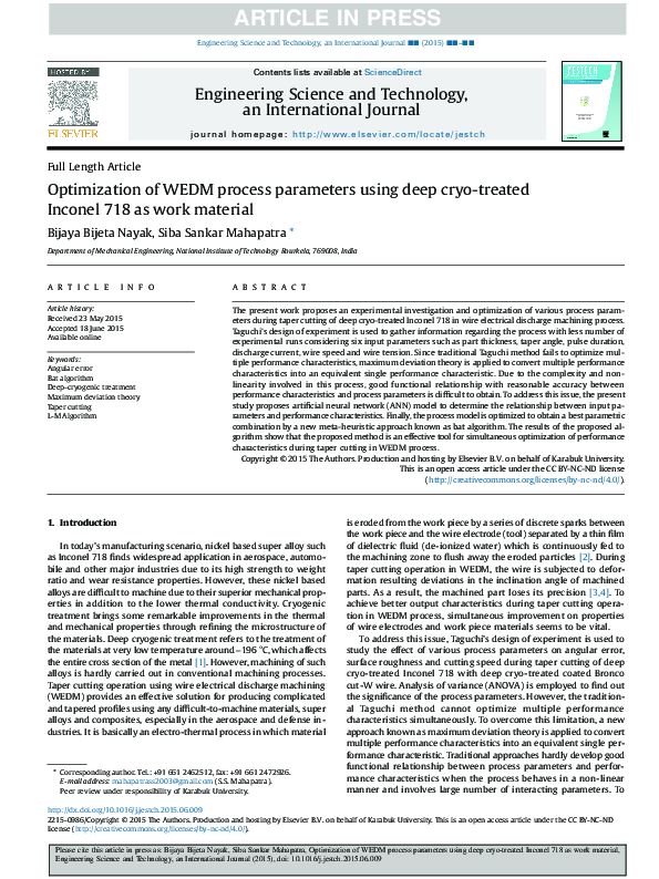 Pdf Optimization Of Wedm Process Parameters Using Deep Cryo Treated