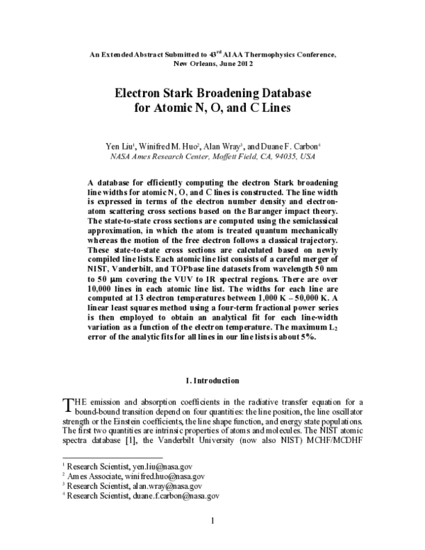(PDF) Electron Stark Broadening Database for Atomic N, O, and C Lines