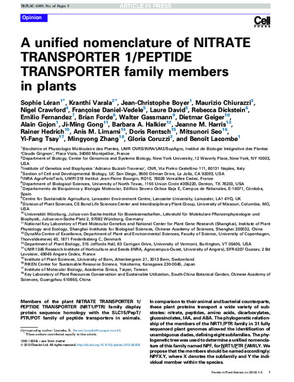 (PDF) A unified nomenclature of NITRATE TRANSPORTER 1/PEPTIDE ...