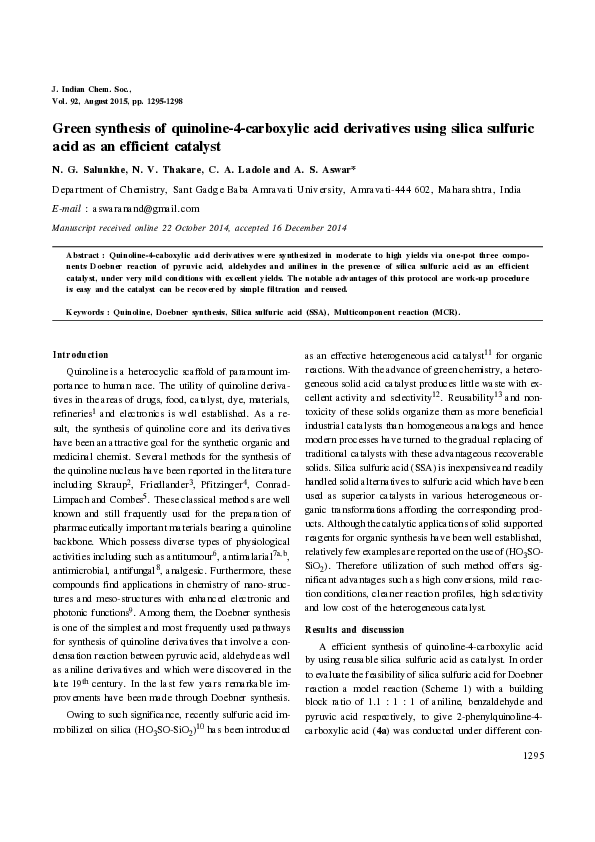 (PDF) Green synthesis of quinoline-4-carboxylic acid derivatives using ...